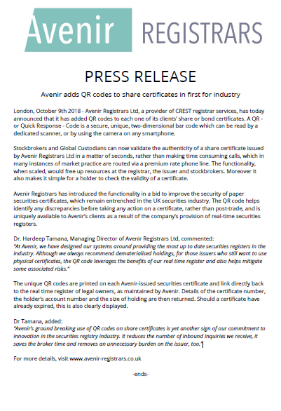 Avenir adds QR codes to share certificates in first for industry ...